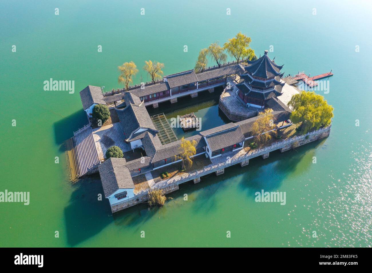 Aerial photo shows Tianjing Pavilion on the island in the center of the ...