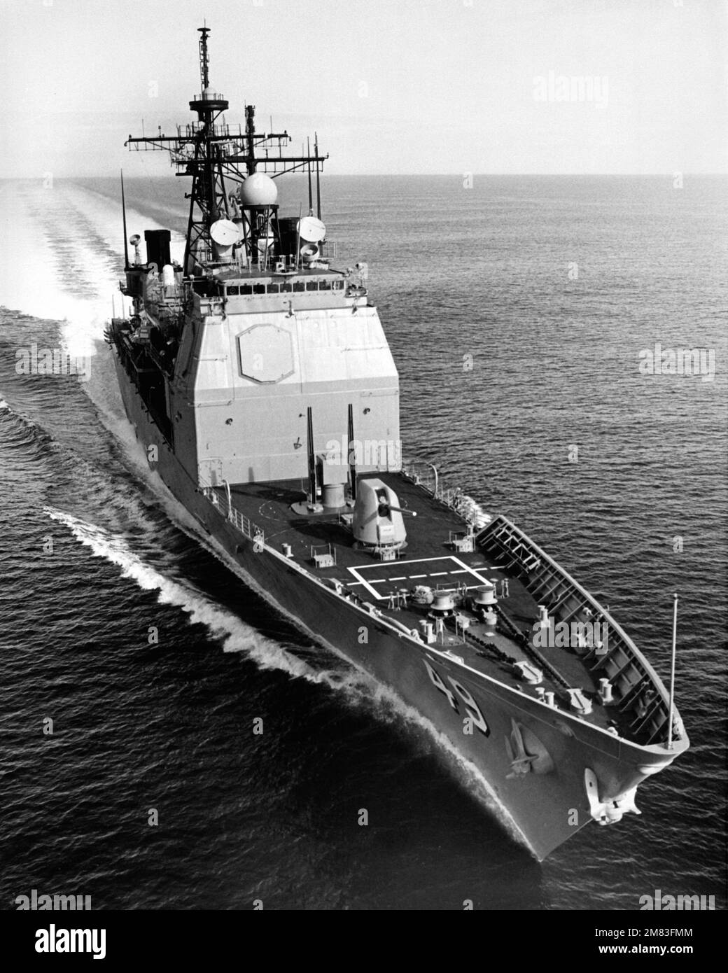 An aerial starboard bow view of the Aegis guided missile cruiser ...
