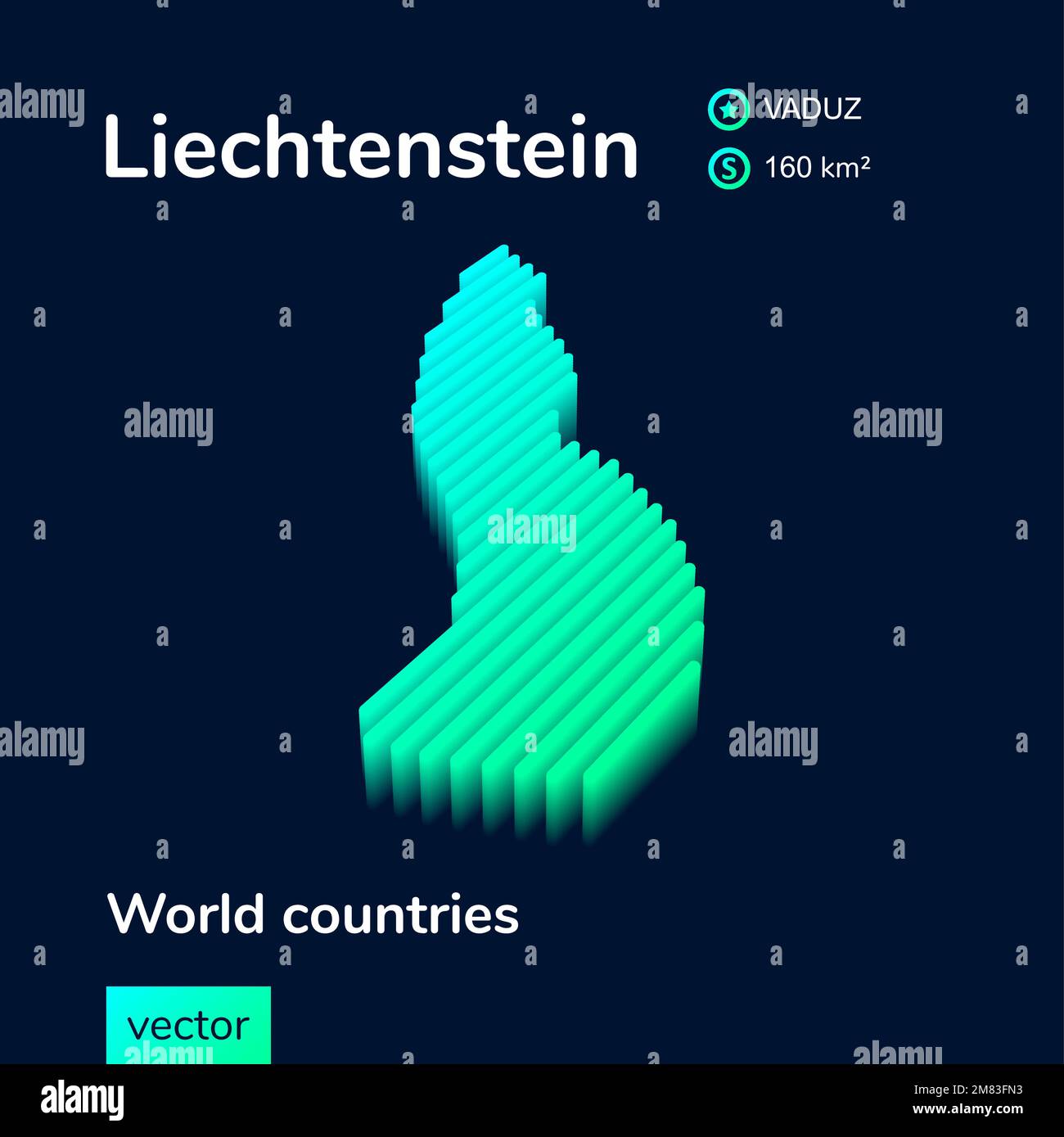 Isometric 3d vector Liechtenstein map in neon turquoise colors on a ...