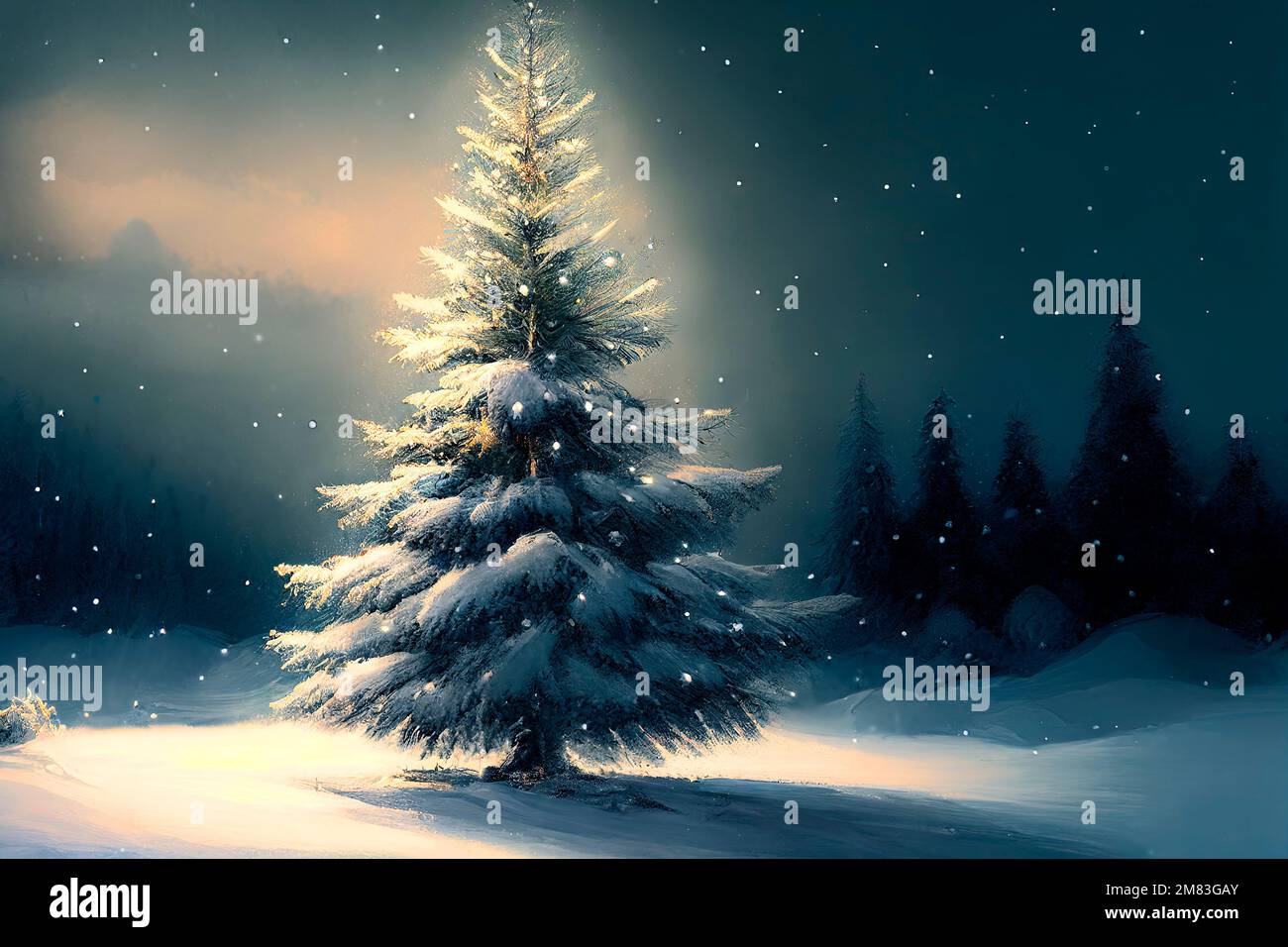 Christmas night with pine tree covered with snow. Winter forest ...