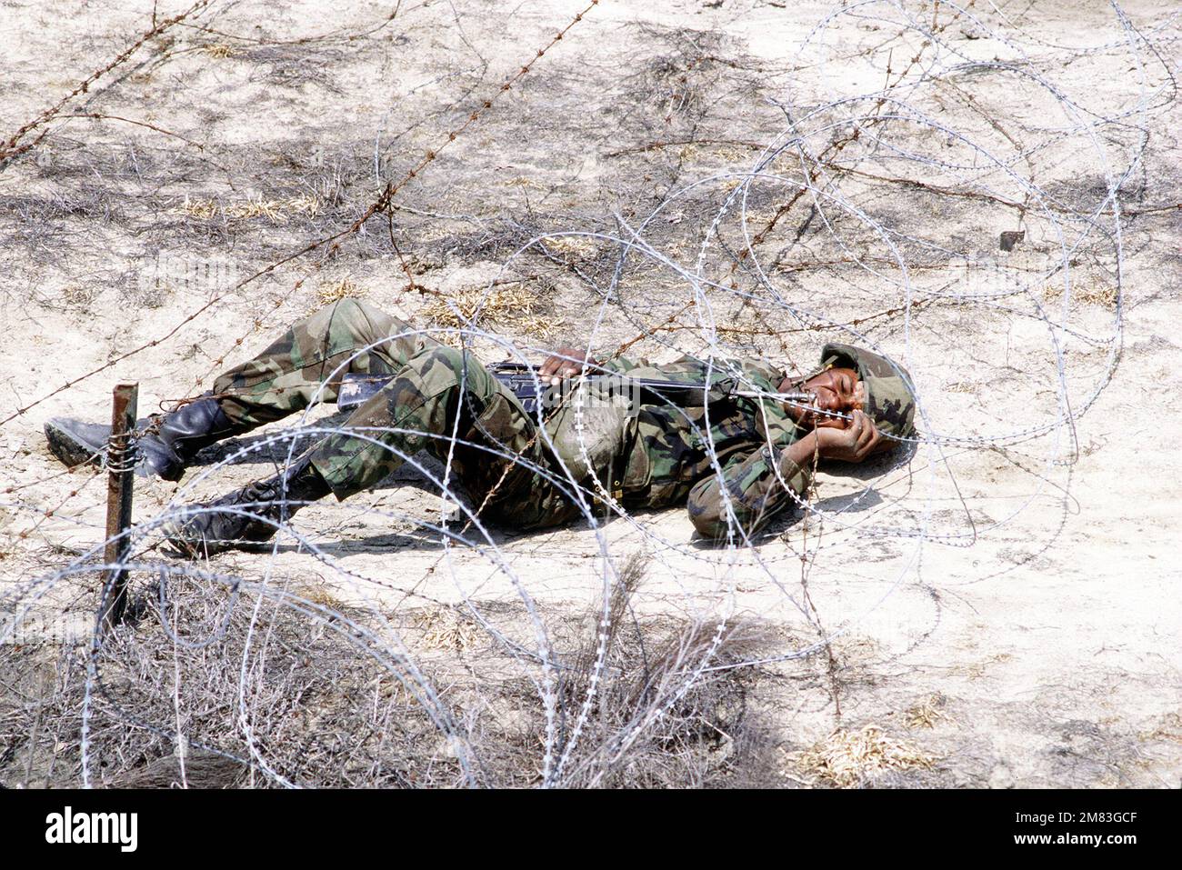 A Marine recruit crawls under concertina wire on the obstacle course at ...