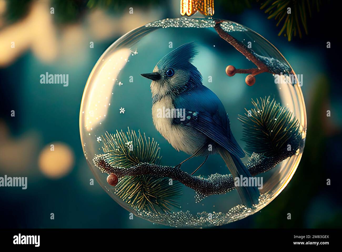 Little blue titmouse bird in christmas glass ball on fir tree covered ...