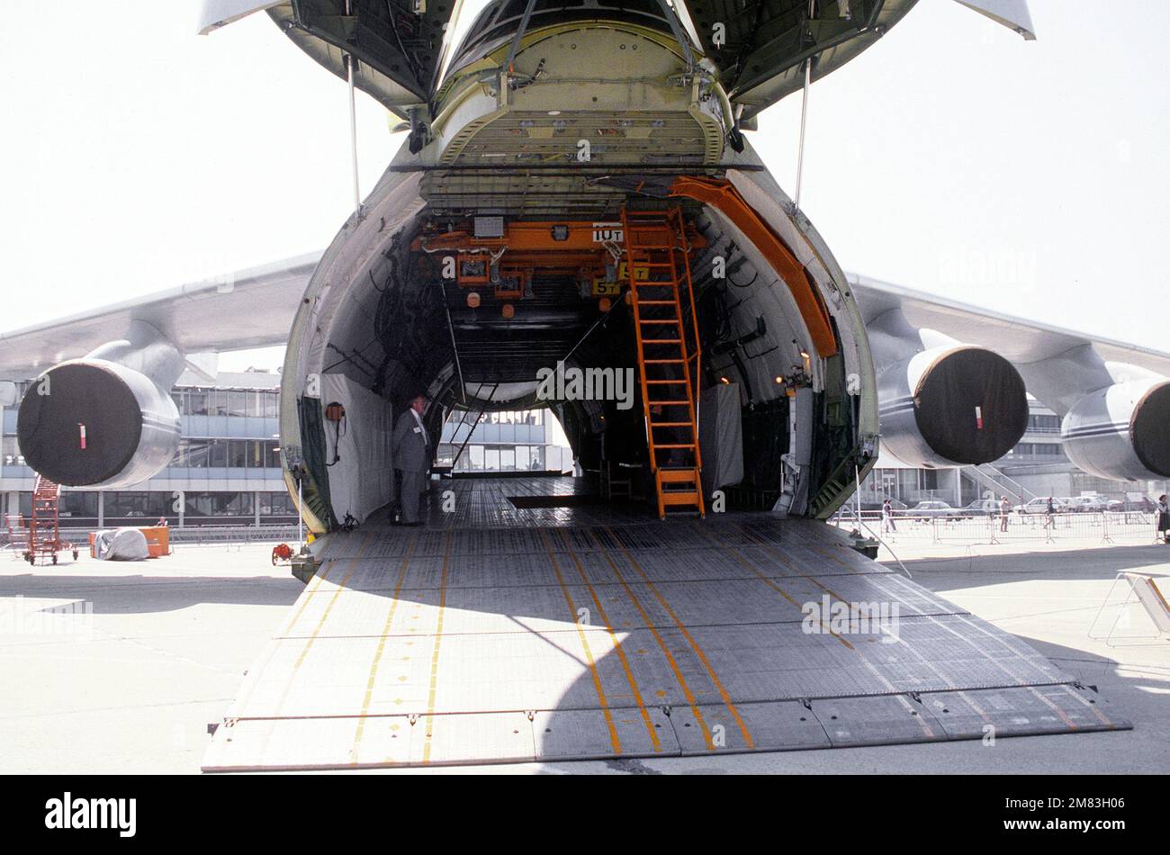 A front view of the open cargo door of an An-124 Condor cargo aircraft ...