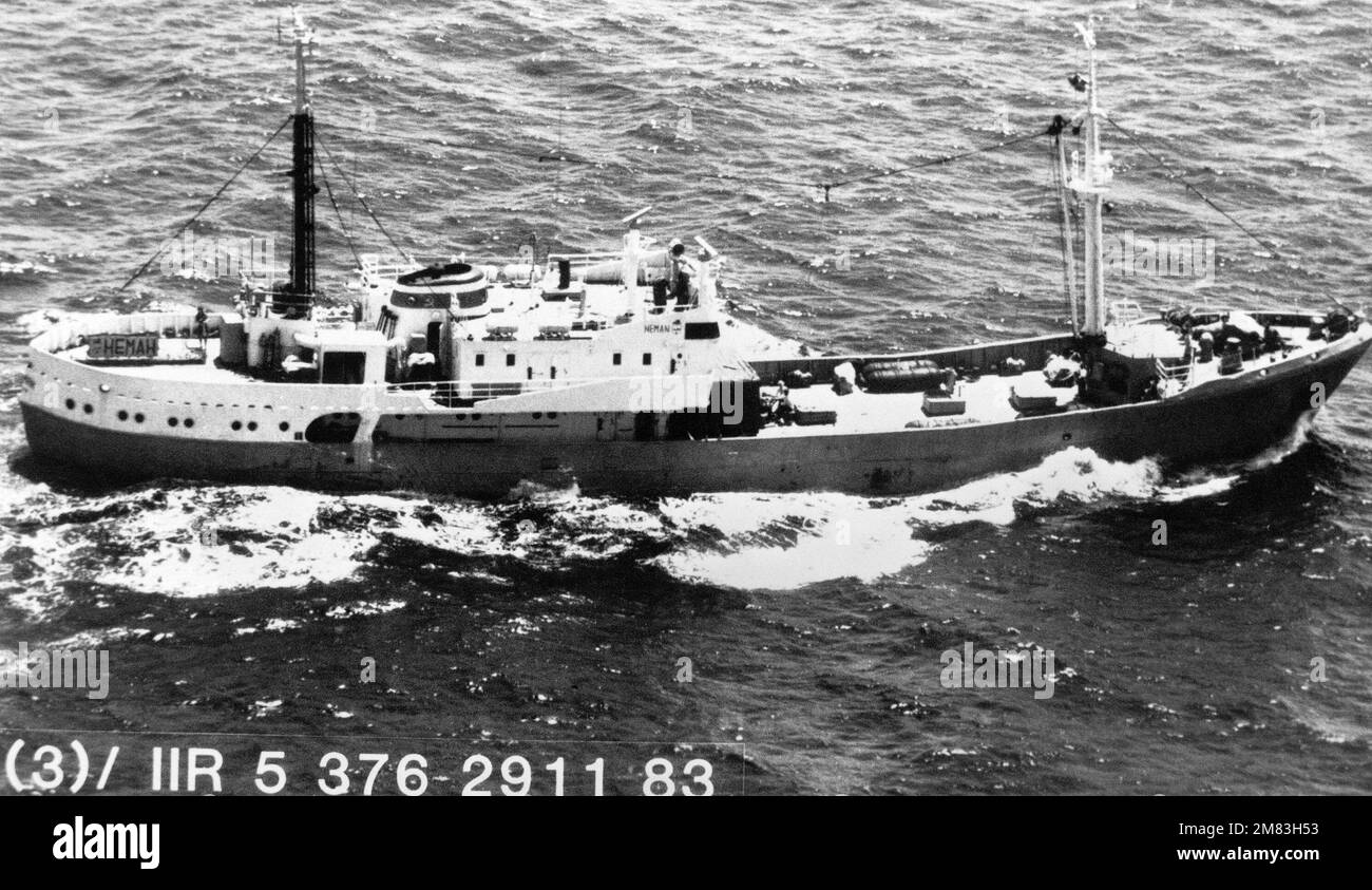 A aerial starboard beam view of a Soviet Mayak class ship underway ...