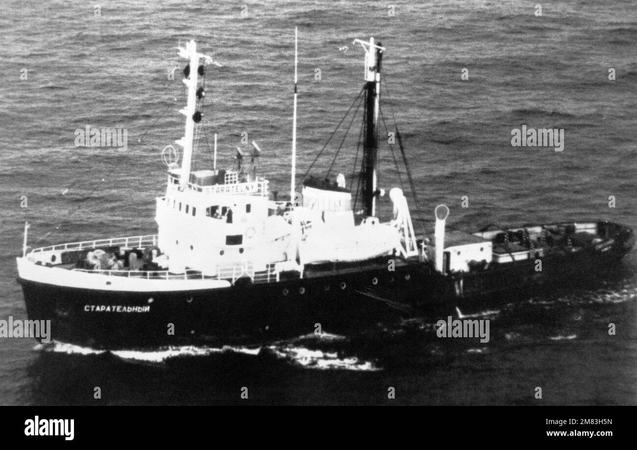 Aerial port side view of the Soviet modified Sorum class tug STARATELNY ...