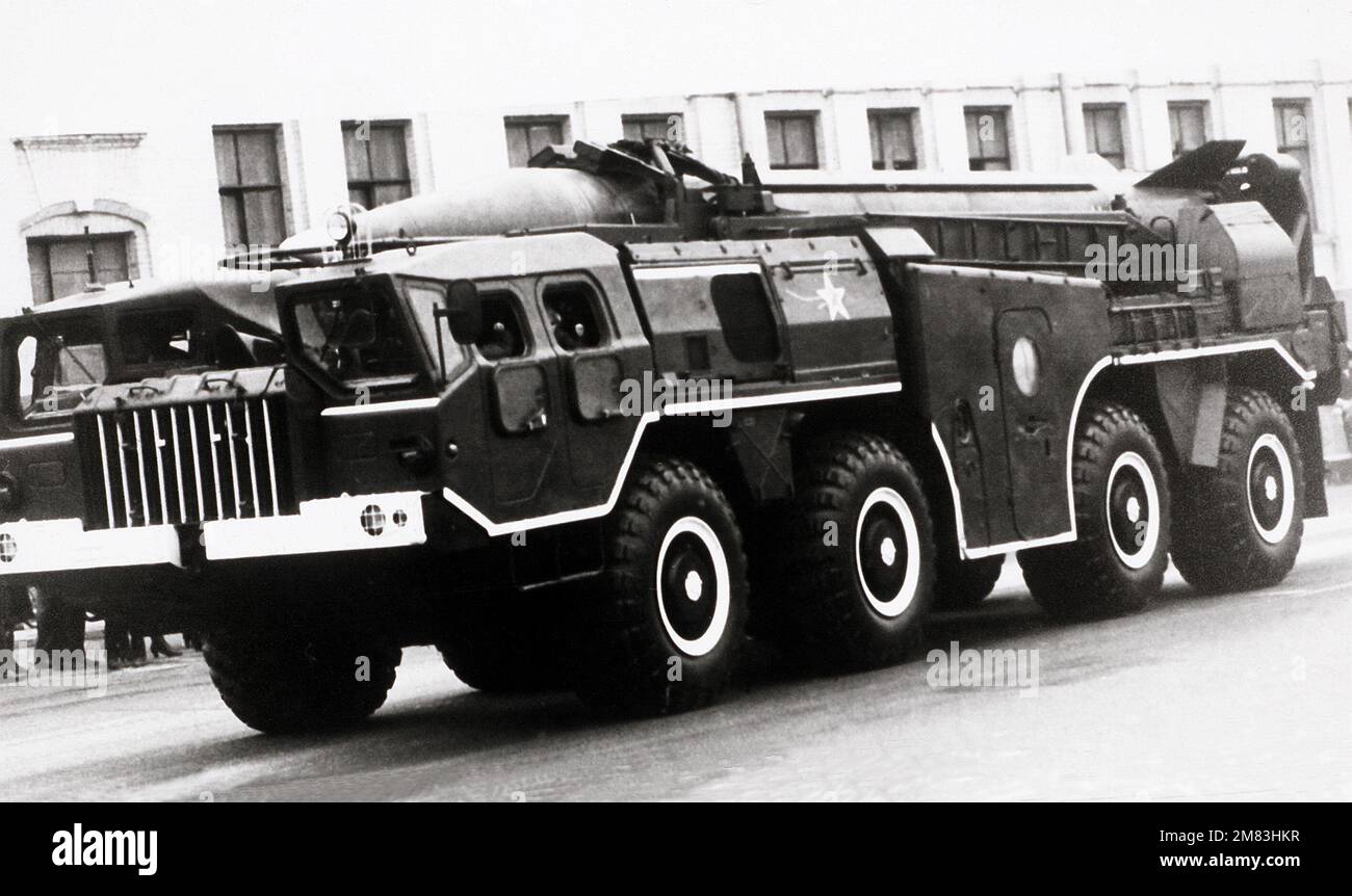 A left front view of a Soviet SS-1 (SCUD-B) battlefield support missile ...