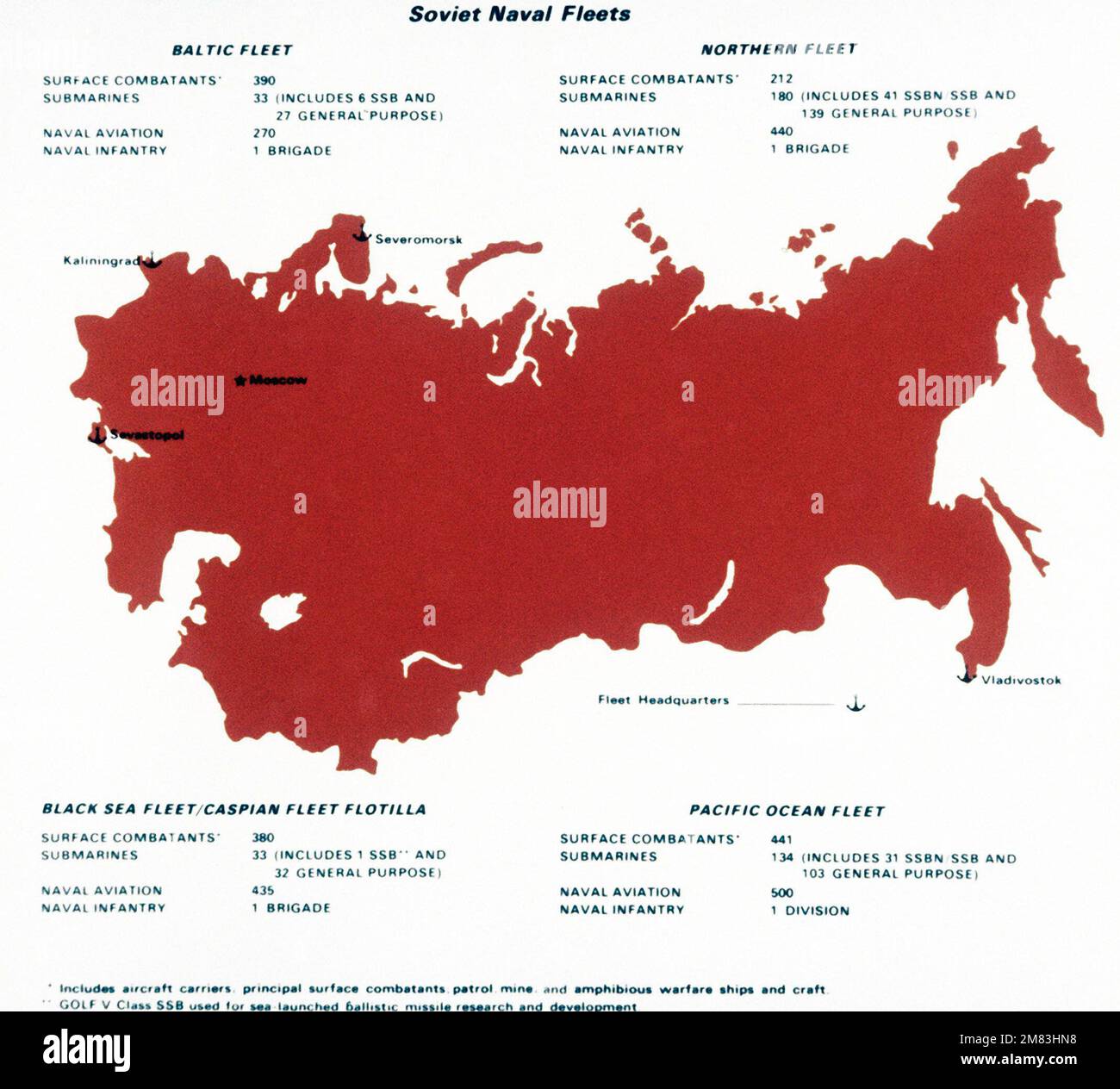 A map of the Soviet Union showing the locations of naval fleet headquarters. Country: Unknown ...