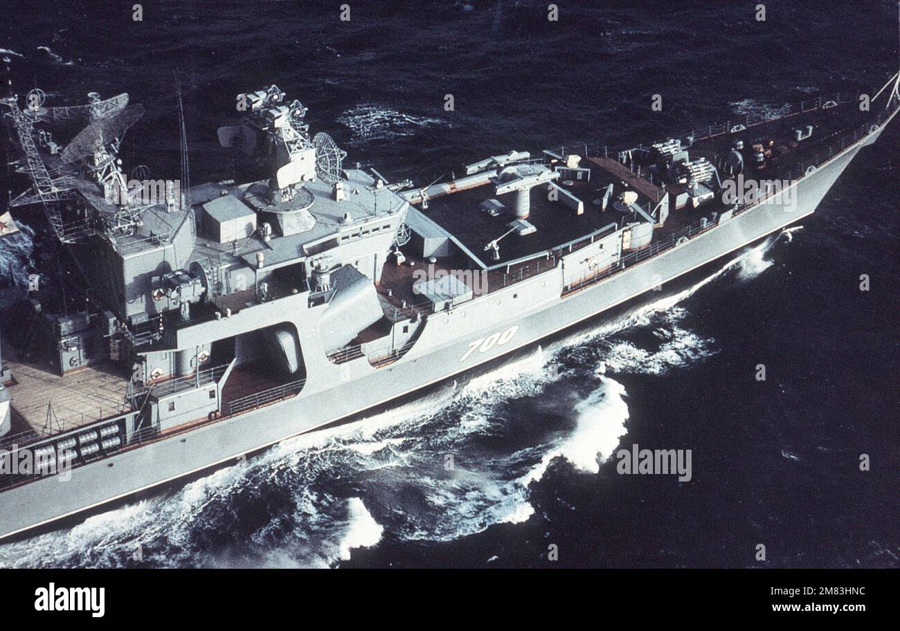 An aerial starboard close-up view of a Soviet Kara class guided missile ...