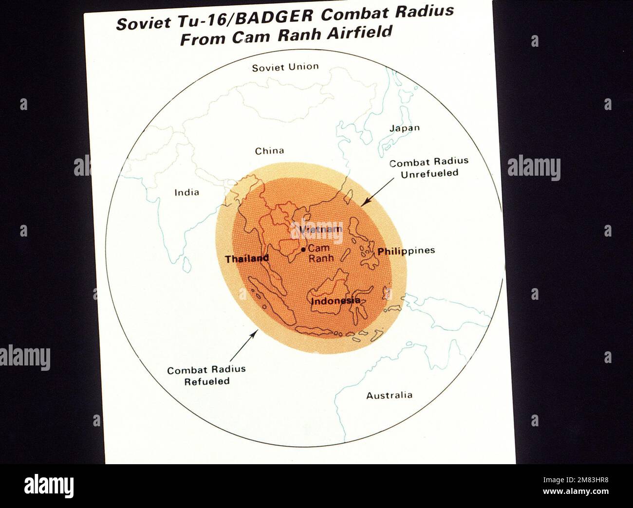 A map of Asia showing the combat radius of Soviet Tu-16 Badger aircraft ...