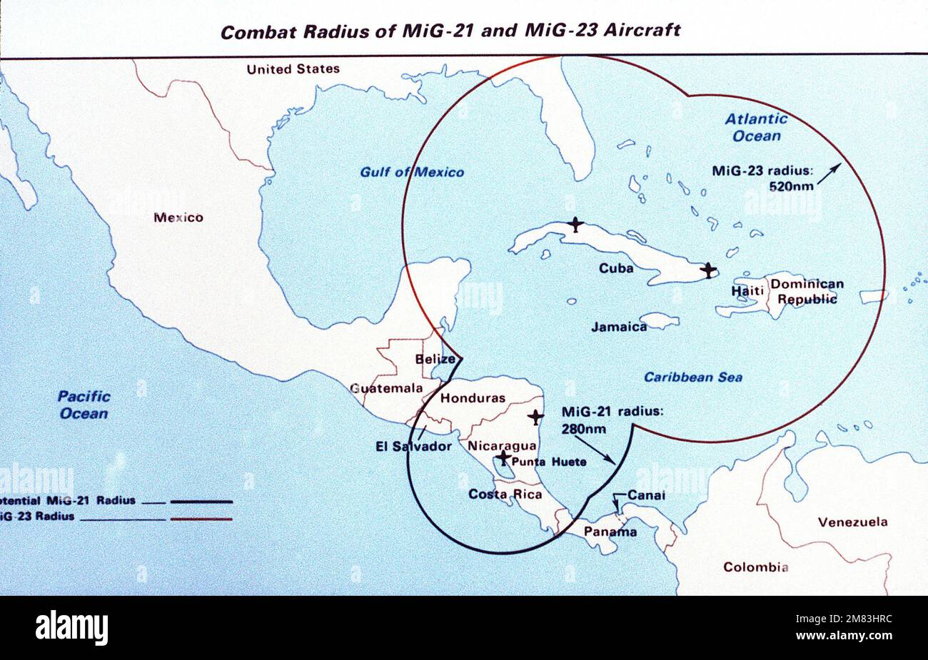 A map of the Caribbean Sea area showing the combat radius of Soviet Mig ...