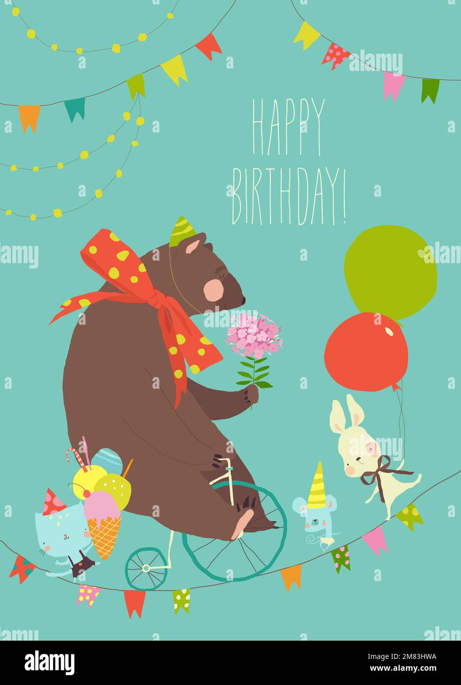Cartoon Birthday card with Cute Bear riding Bicycle, Funny Cat , Rabbit ...