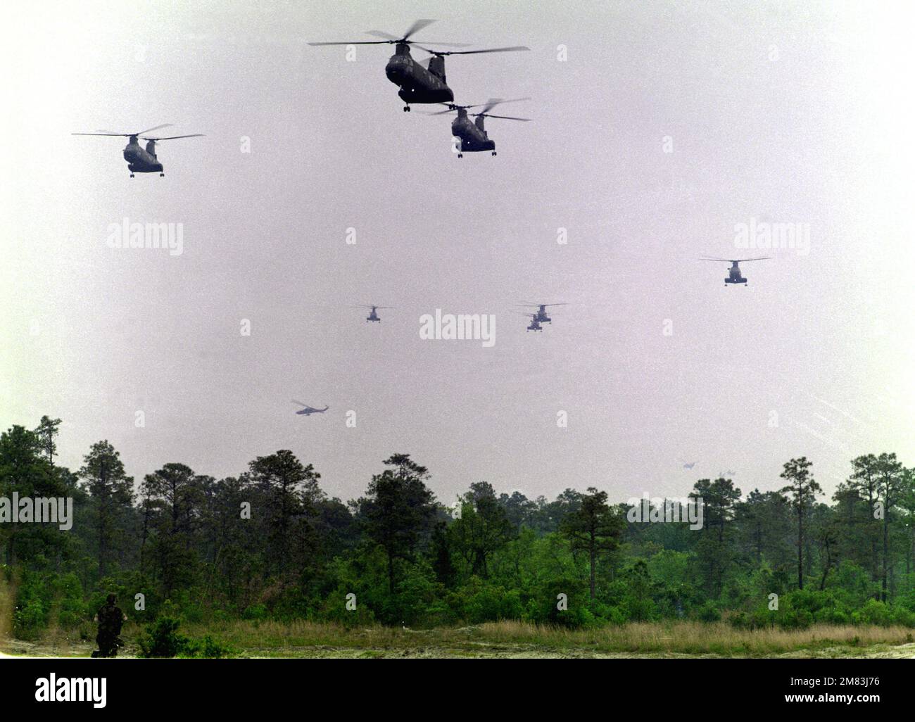 Eight Marine CH-46 Sea Knight helicopters in flight over landing zone ...