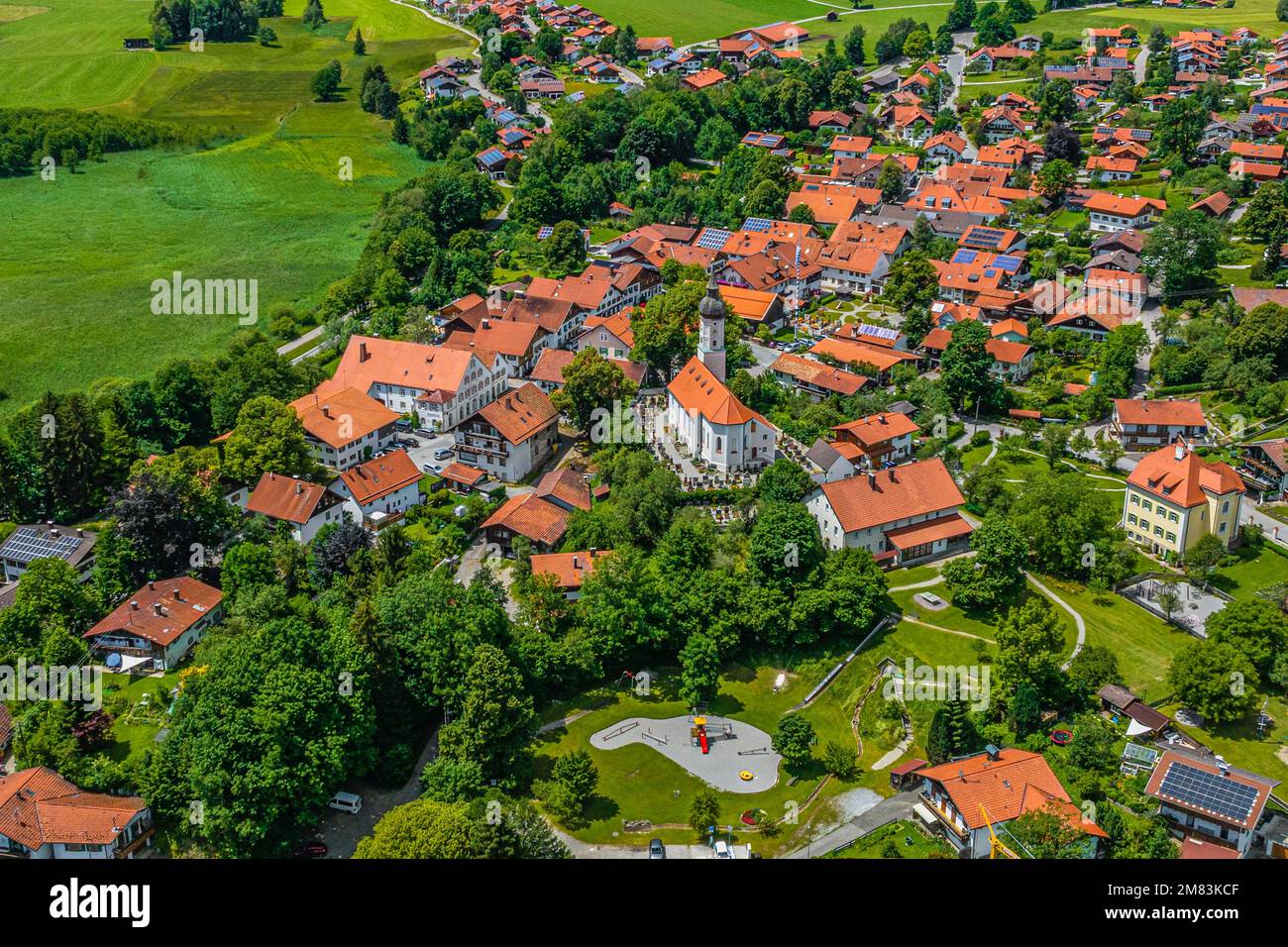 Aerial view to the beautiful upper bavarian village of Bayersoien and ...