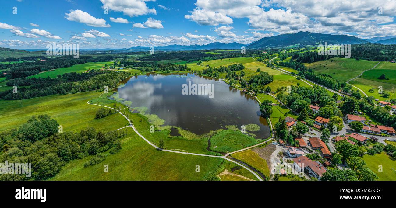 Aerial view to the beautiful upper bavarian village of Bayersoien and ...