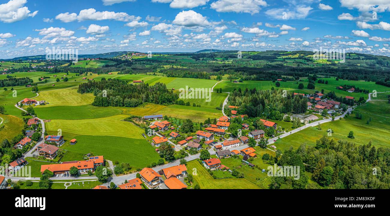 Aerial view to the beautiful upper bavarian village of Bayersoien and ...