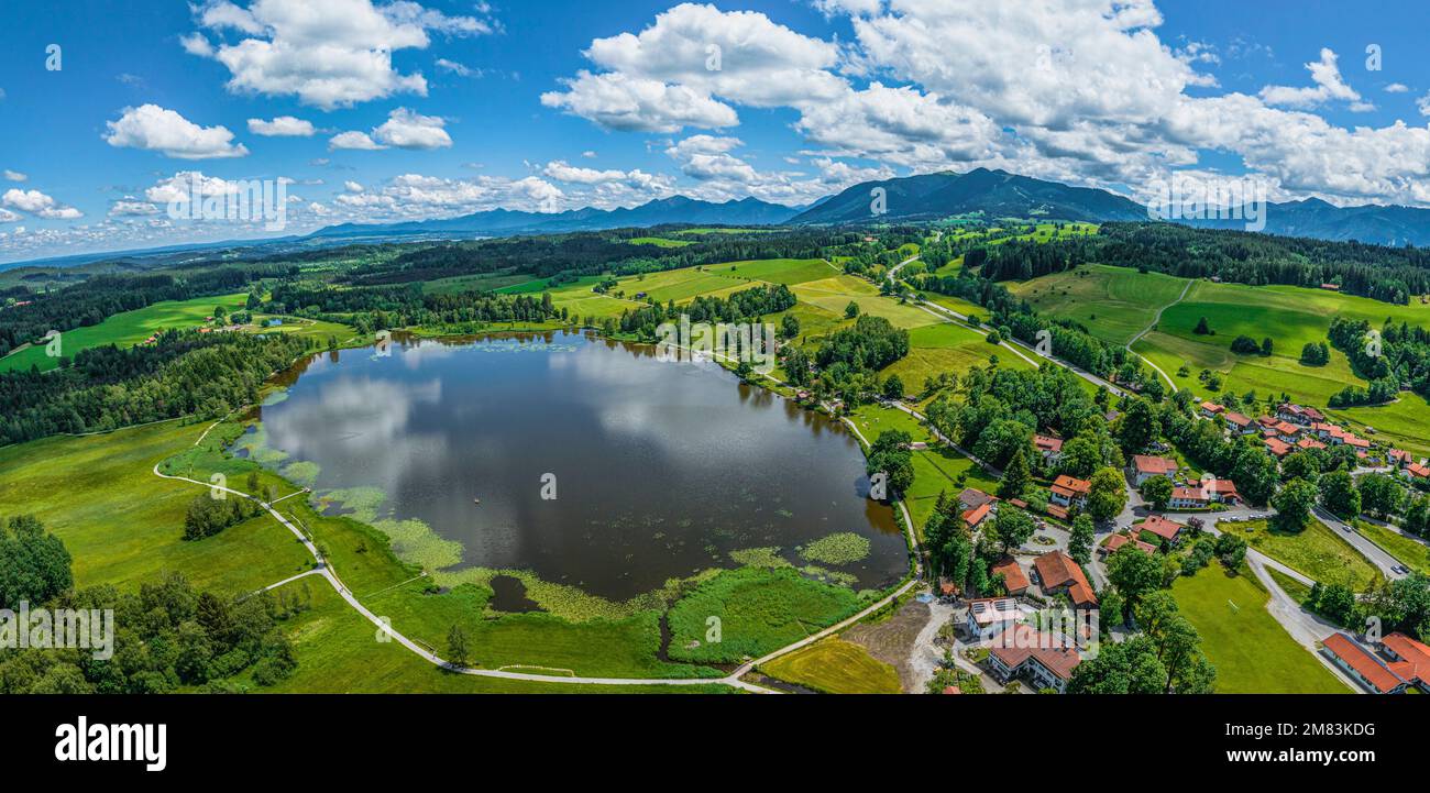 Aerial view to the beautiful upper bavarian village of Bayersoien and ...
