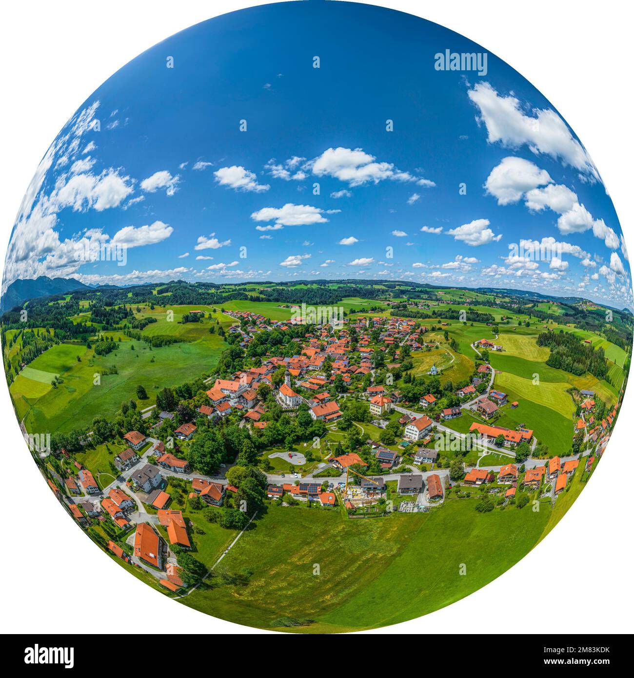 Aerial view to the beautiful upper bavarian village of Bayersoien and ...