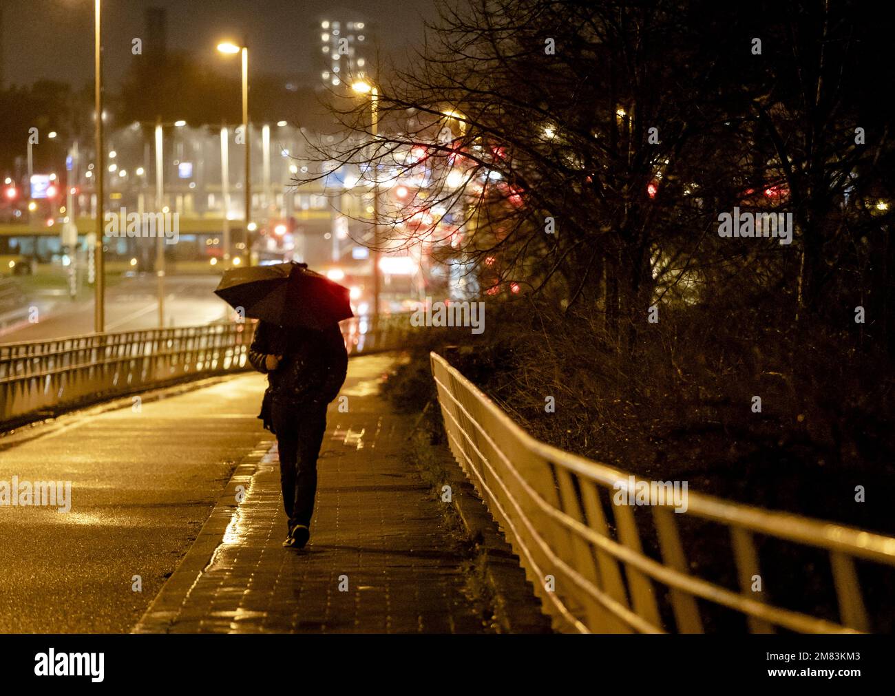 UTRECHT - A walker braves the strong wind and rain on the Prince Claus ...