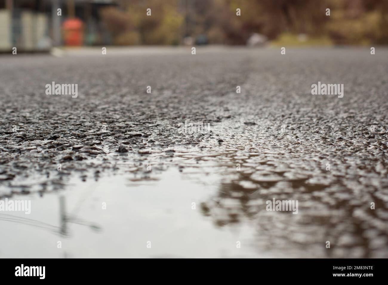 stagnant pool of water scene after rain at the suburb asphalt street ...