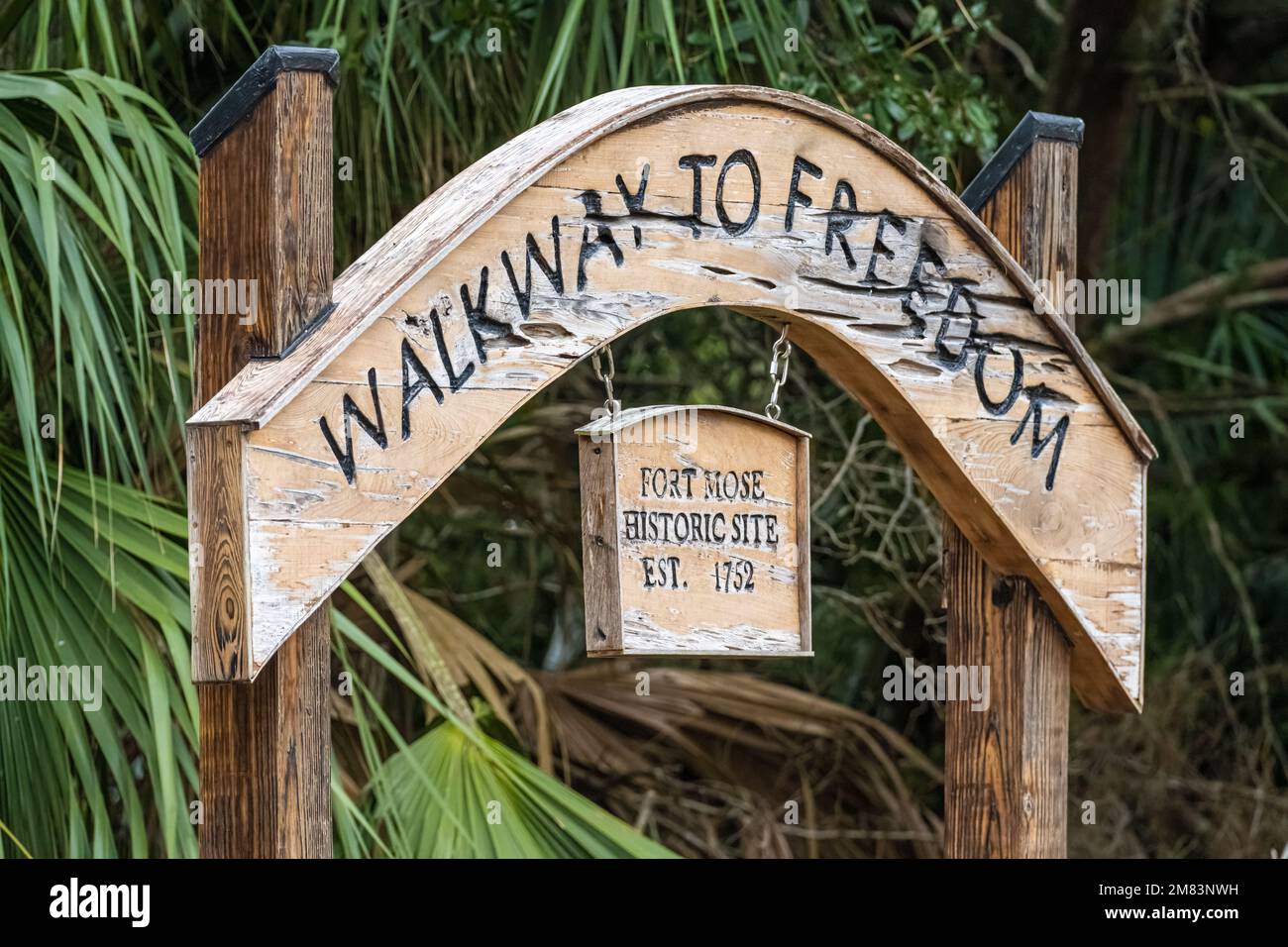 Entrance arch to the Walkway of Freedom boardwalk at Fort Mose Historic ...