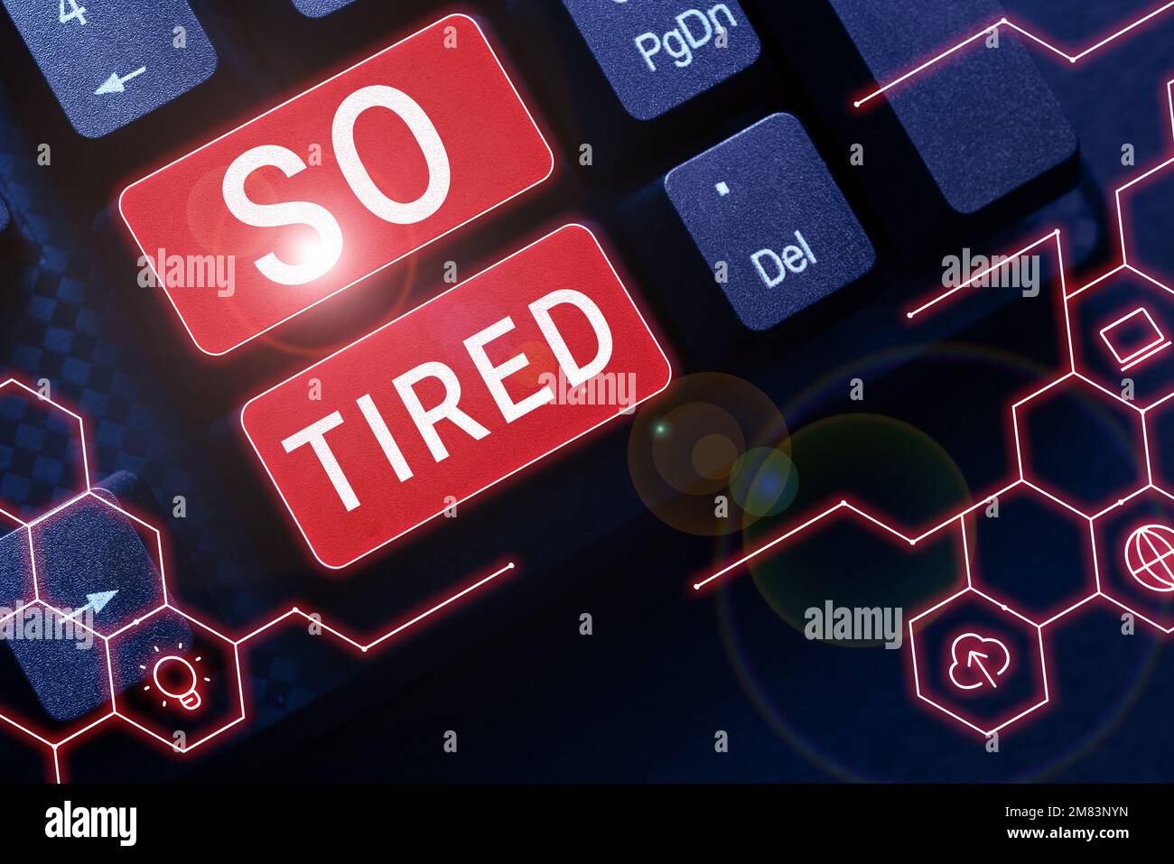 Text caption presenting So Tired. Business overview drained of strength ...