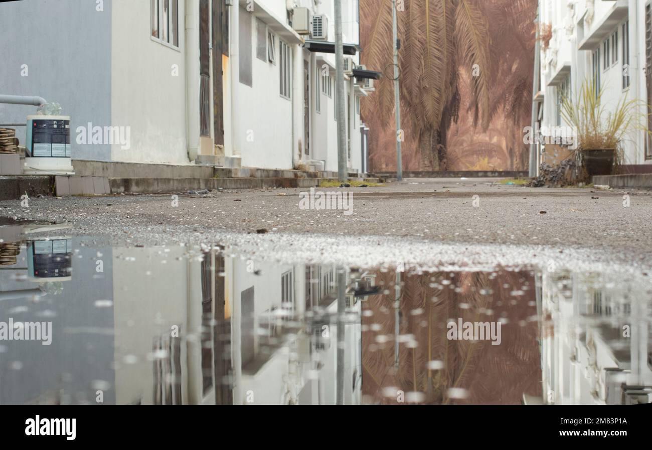 stagnant pool of water scene after rain at the suburb asphalt street ...