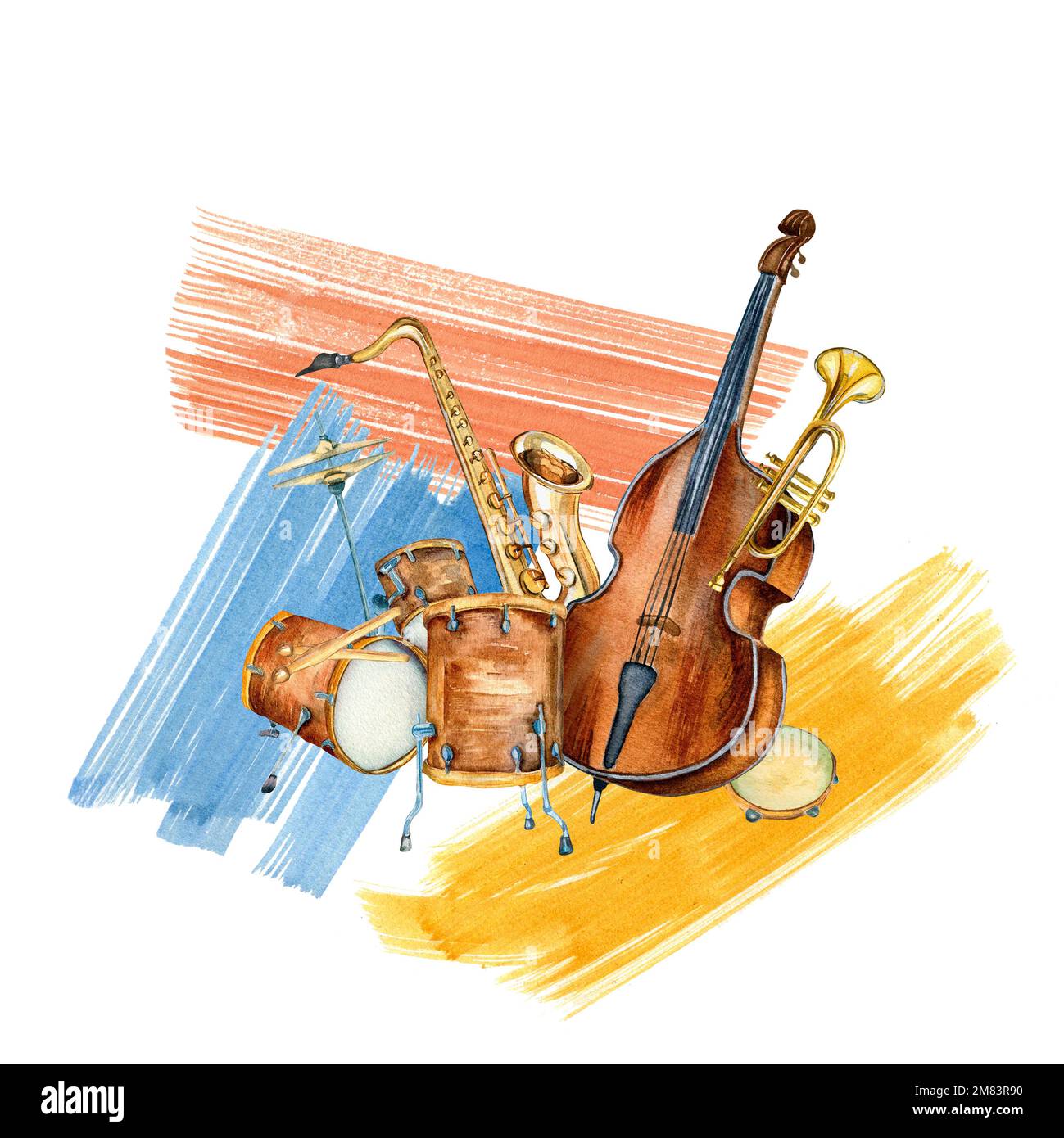 Composition of drum kit, saxophone, contrabass and paint stroke ...