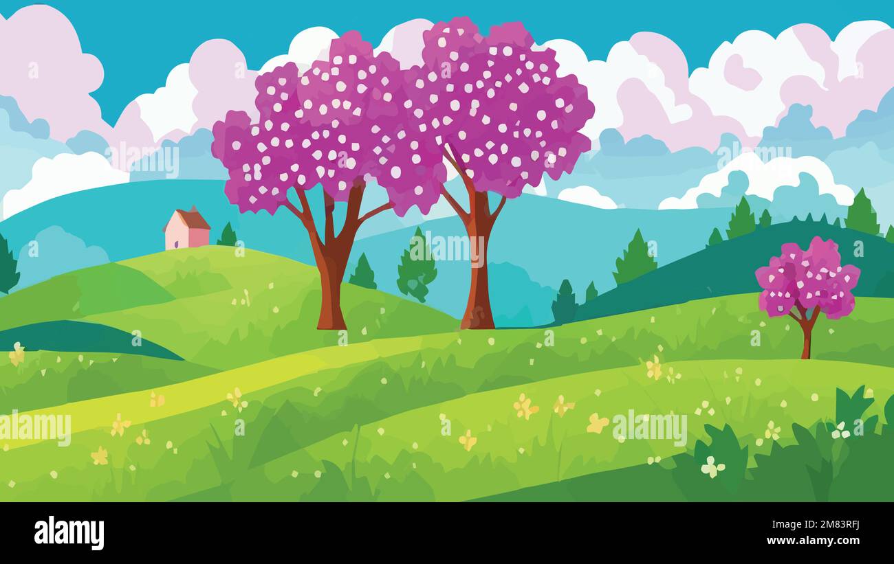 Spring village panorama with green meadow on hills with blue sky ...