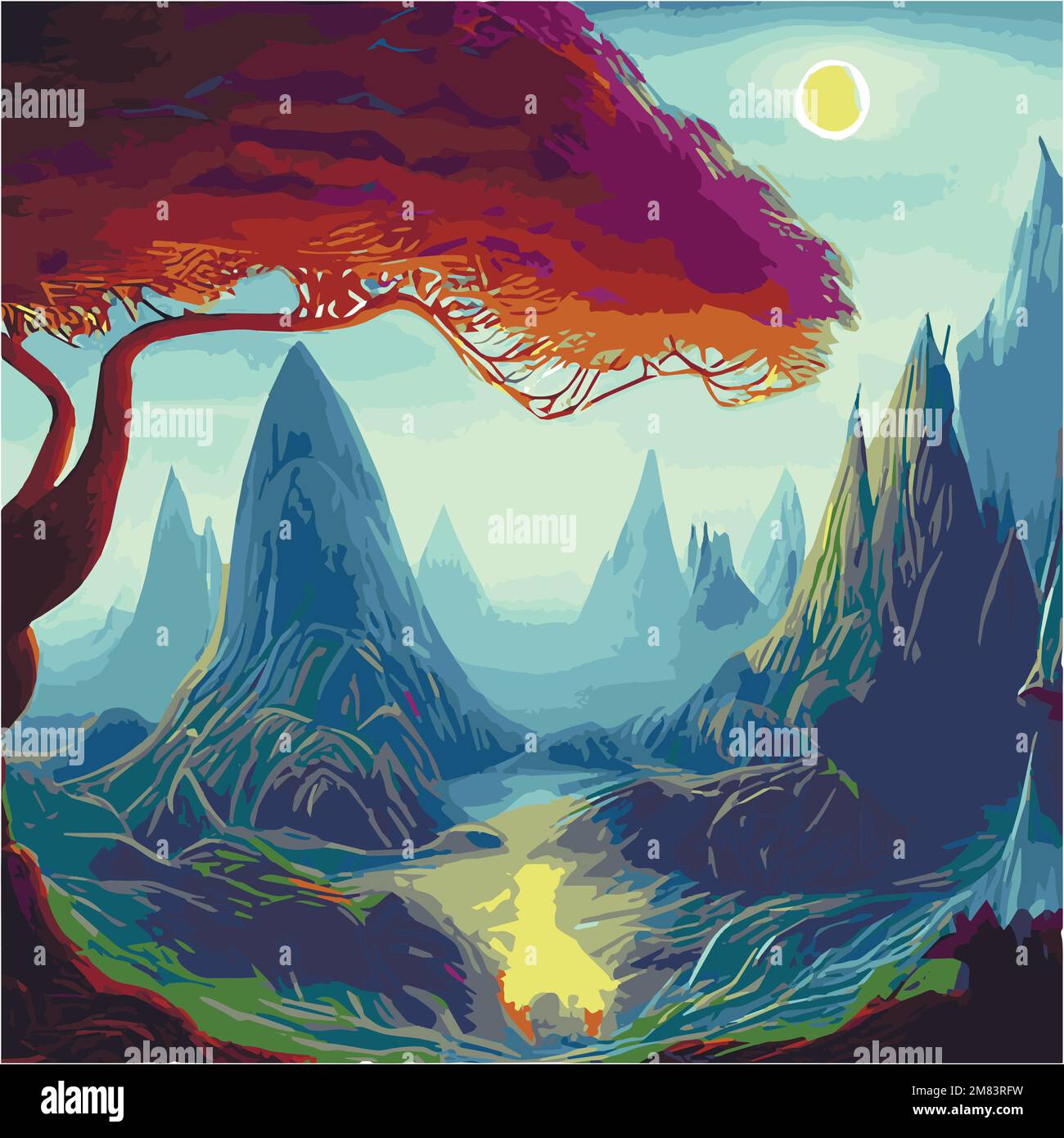 A surreal landscape with abstract trees and clouds melting islands off ground. Vector ...