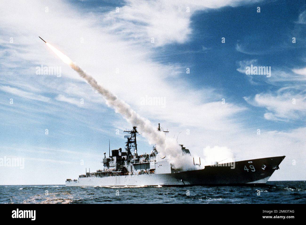 A starboard bow view of the Ticonderoga Class Aegis guided missile ...
