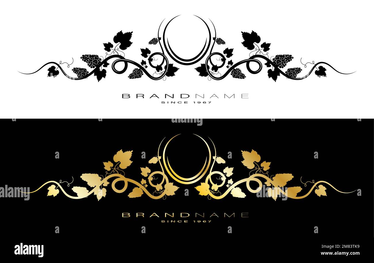 Grapevine scroll, header with brand name of alcoholic products ...