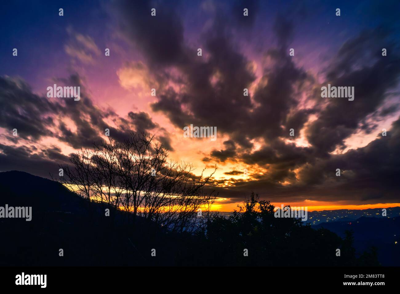 Sunset in the mountains. View of beautiful Panchchuli peaks, Himalayas ...