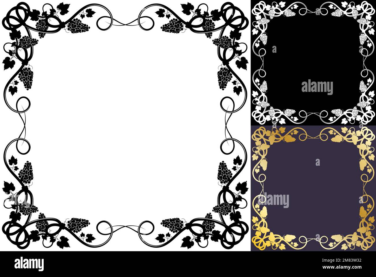 Square frame for wine packaging. Bunch of grapes with leaves and ...