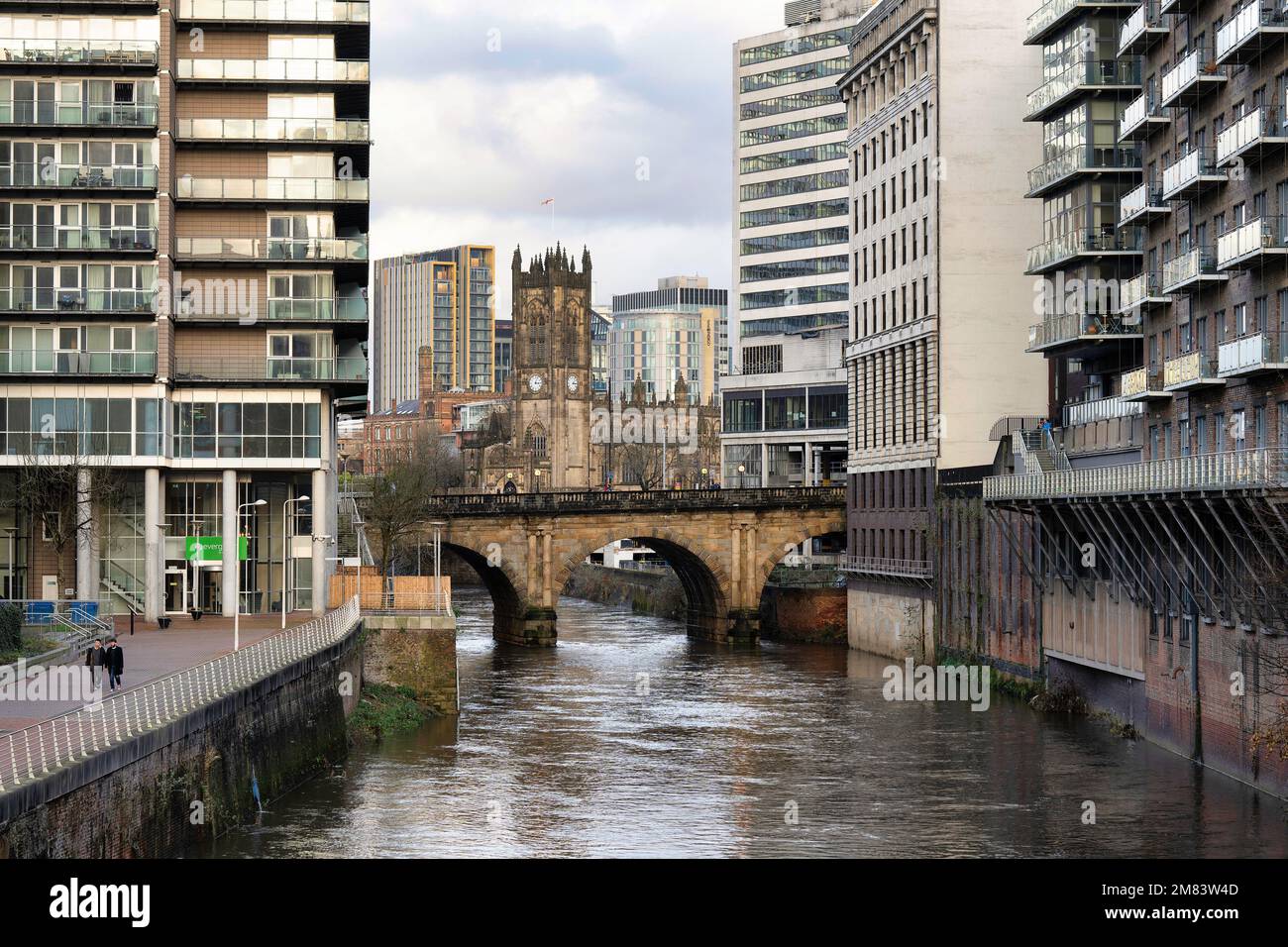 Manchester city centre river Irwell and Manchester cathedral with ...