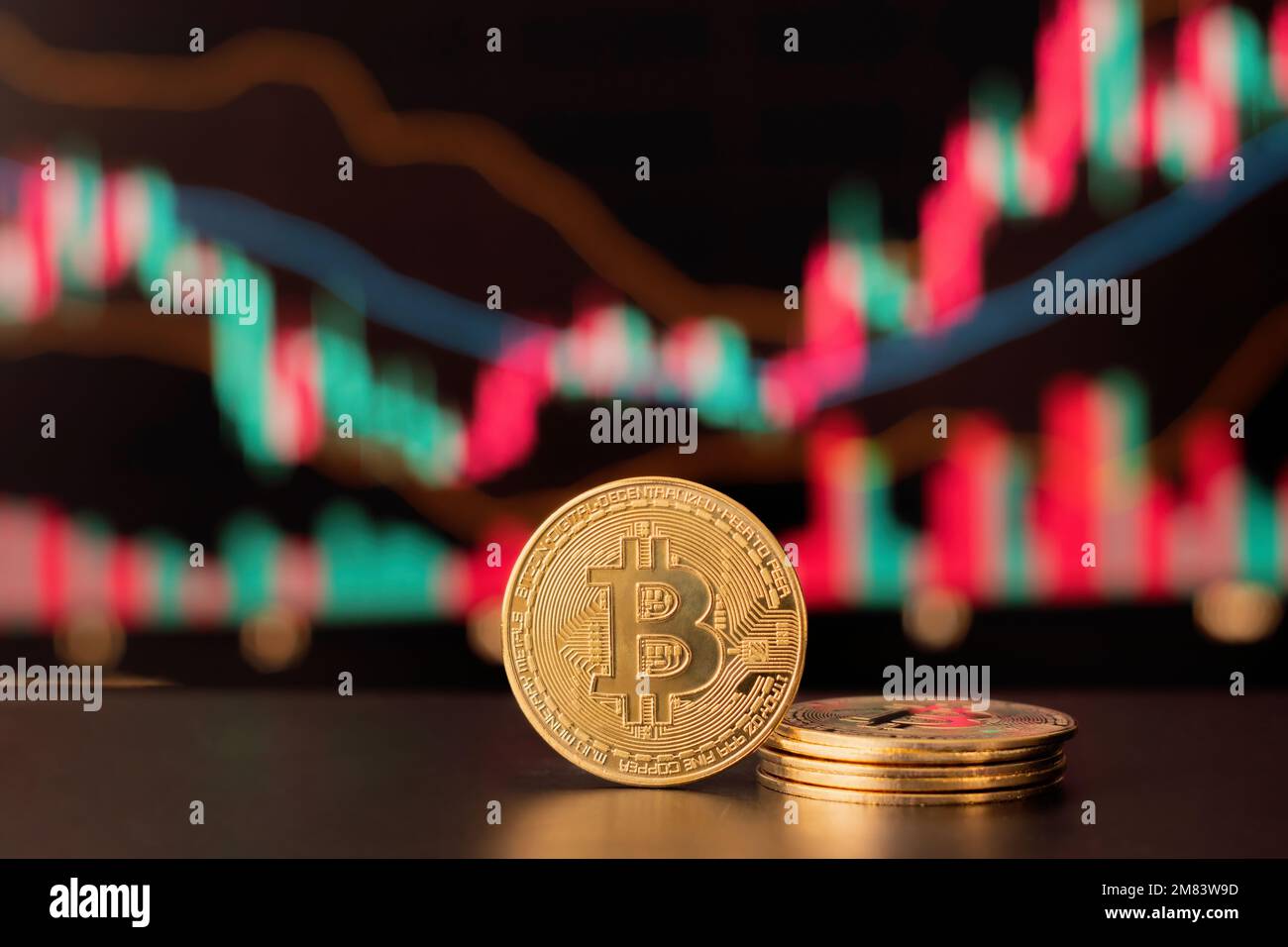 Bitcoin crypto currency coin on graphic diagram background Stock Photo ...