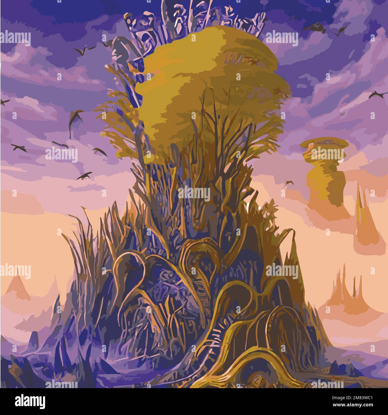 A surreal landscape with abstract trees and clouds melting islands off ground. Vector ...