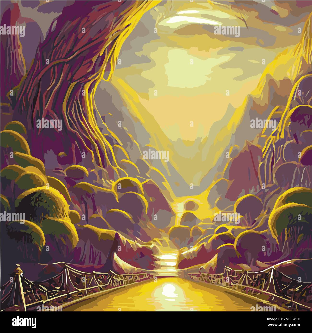 A surreal landscape with abstract trees and clouds melting islands off ground. Vector ...