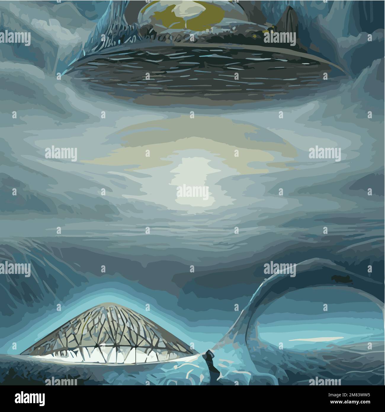 surreal landscape with abstract trees and clouds melting islands off ground. Vector illustration ...