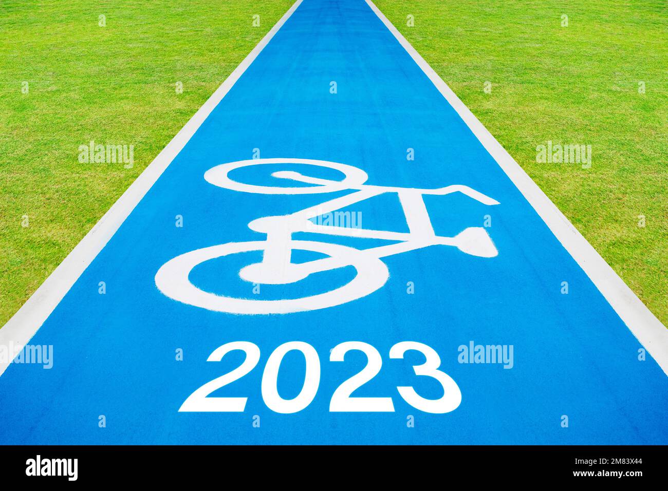 The new year 2023 and Bicycle Traffic Sign written on a bicycle track ...