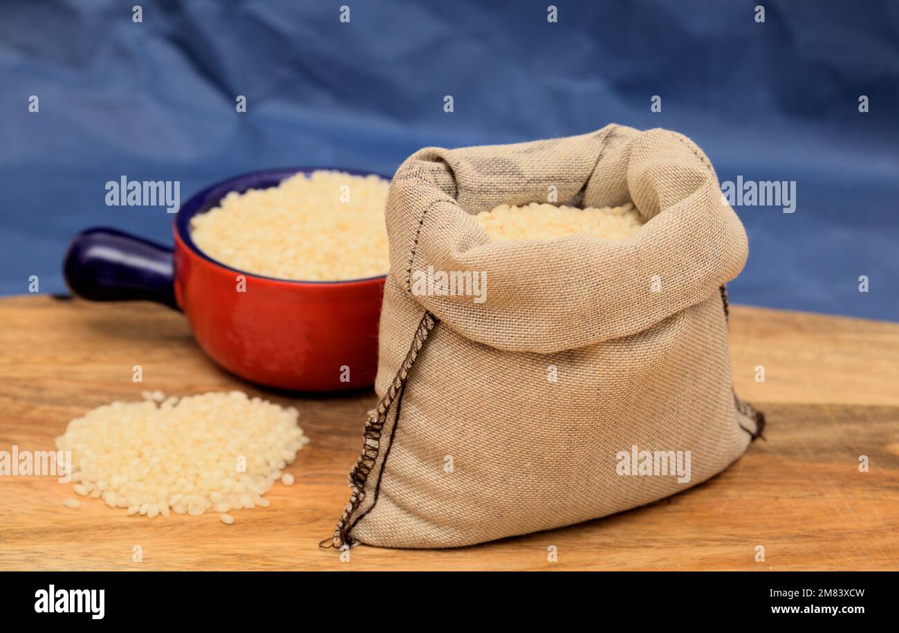 Round white rice from Valencia, called bomba rice, considered to be the ...