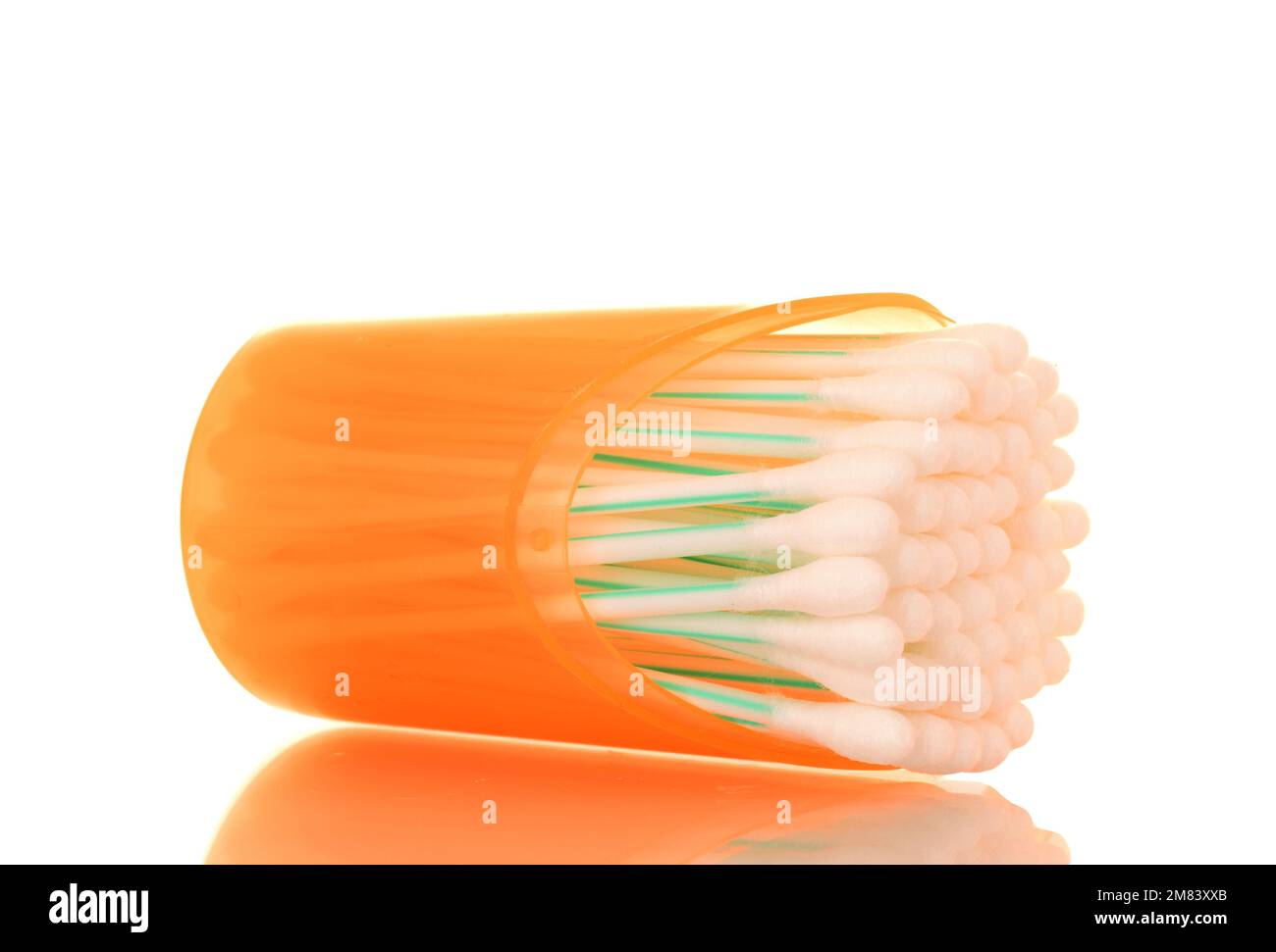 Ear sticks in plastic container, macro, isolated on white background ...