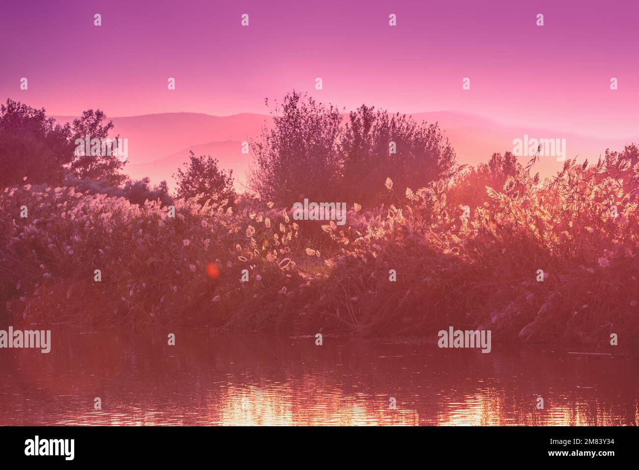 Mountain landscape in the evening. Beautiful lake against mountains ...