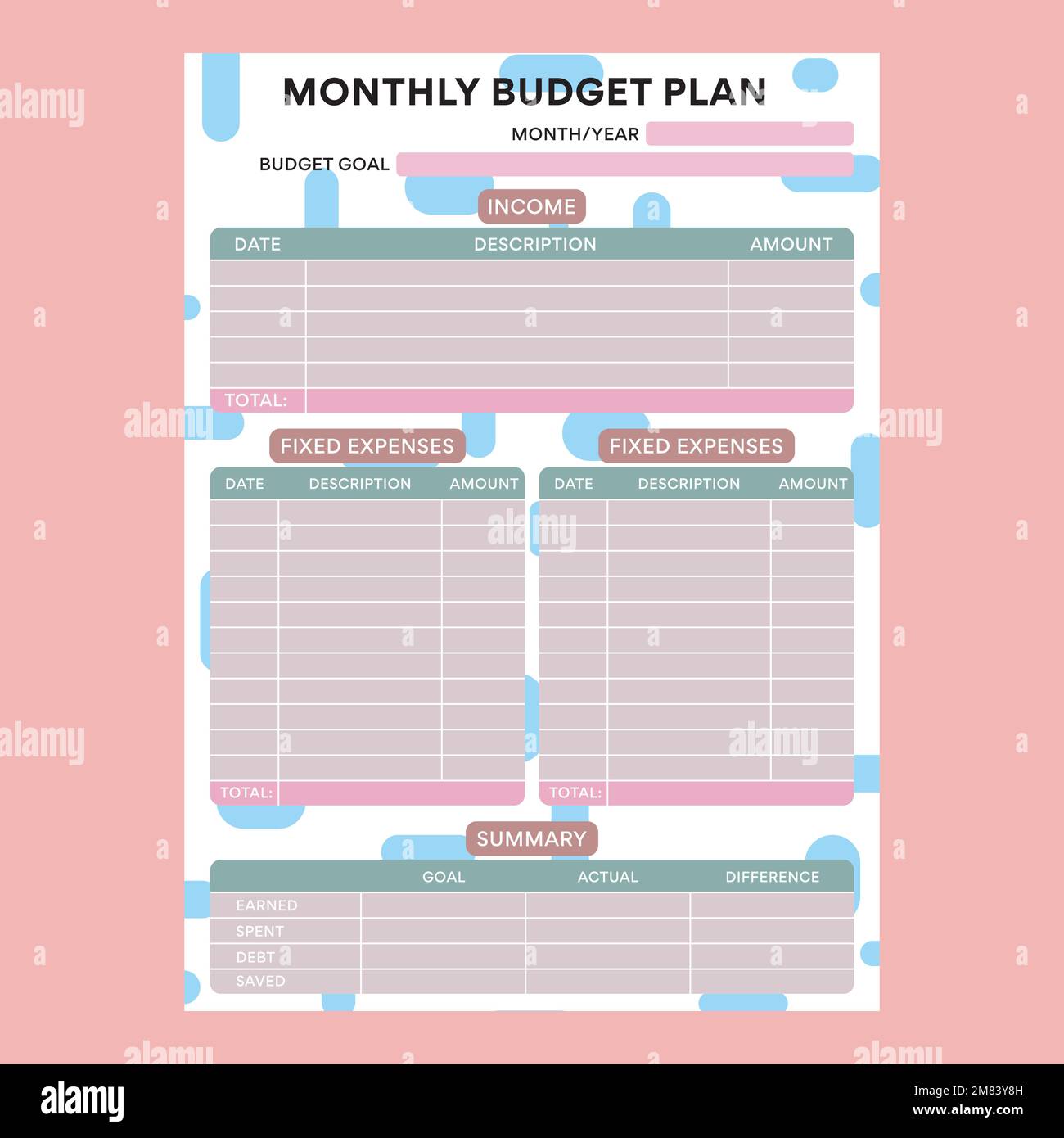 monthly budget planner with abstract background from blue horizontal ...