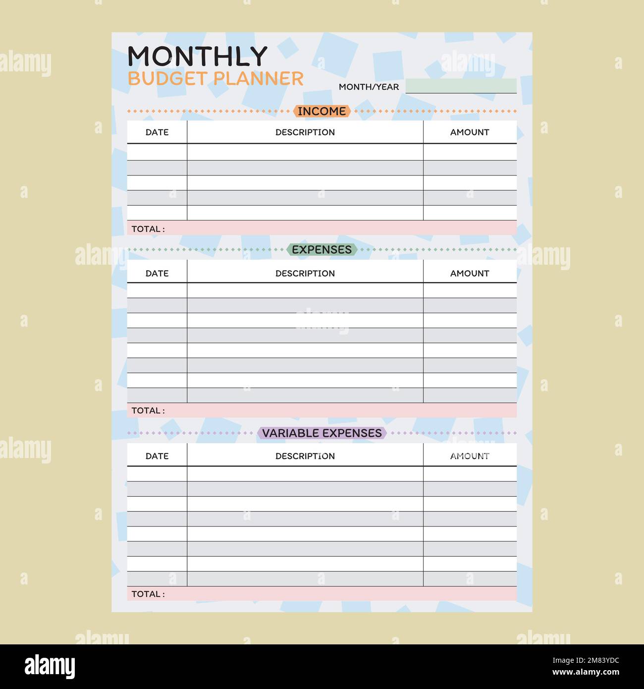 monthly budget planner with black text and abstract cubes on background ...