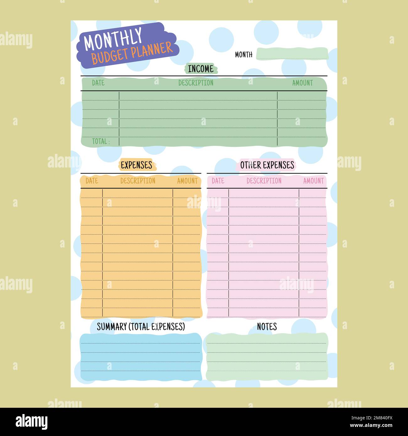 monthly budget planner with color drawn columns and handwritten style ...
