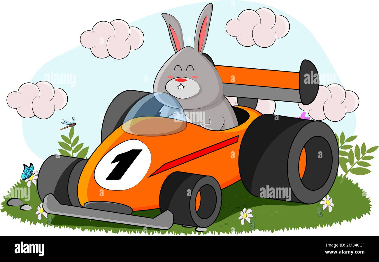 A cute bunny bought an orange sports car and came to his forest Stock ...