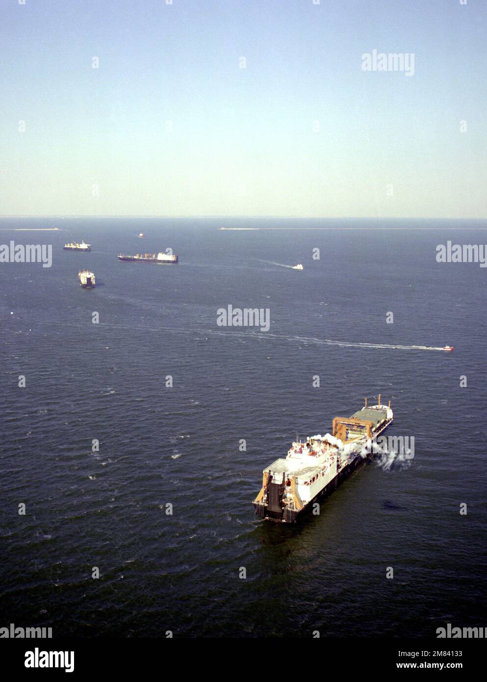 An elevated starboard quarter view of the maritime prepositioning ship ...