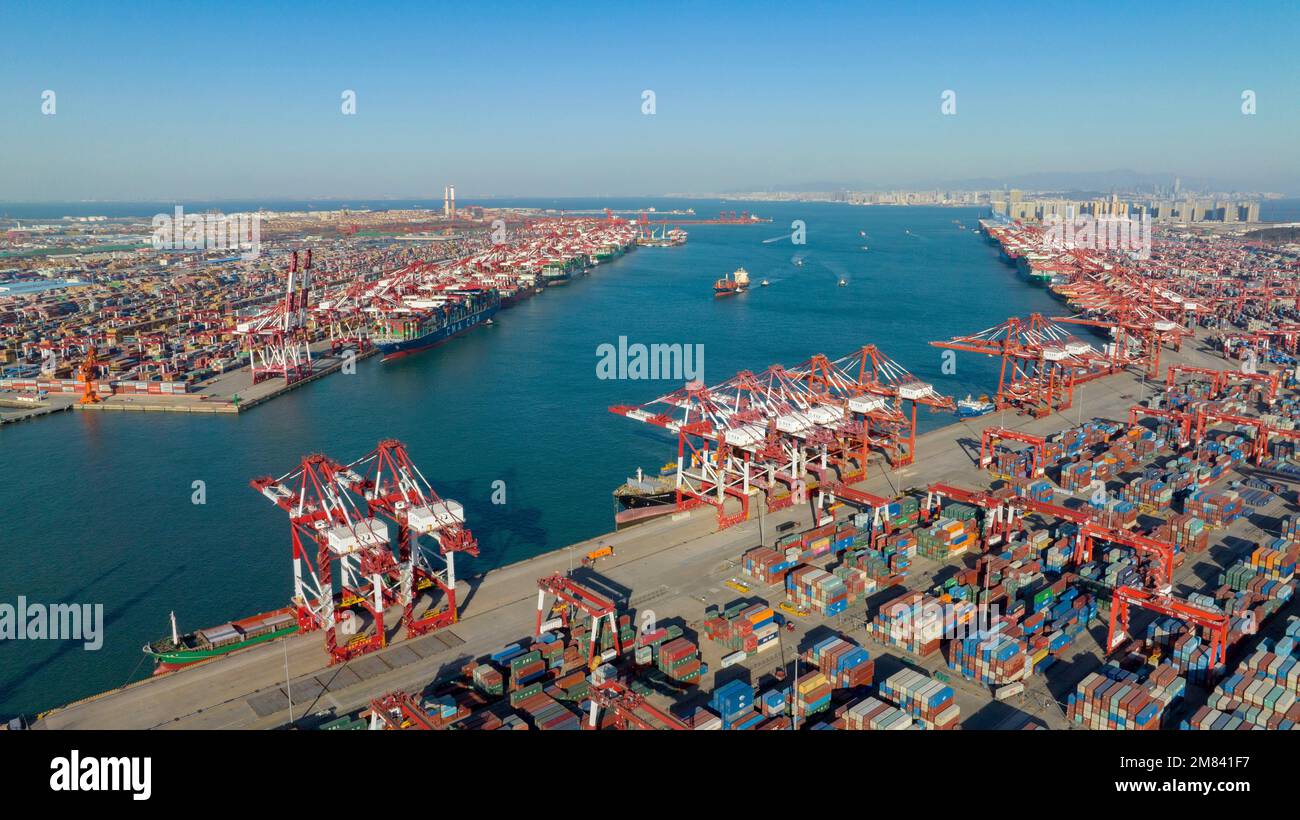 Aerial photo shows the busy scene of the Qianwan container terminal in ...