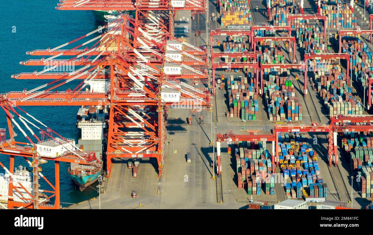 Aerial photo shows the busy scene of the Qianwan container terminal in ...