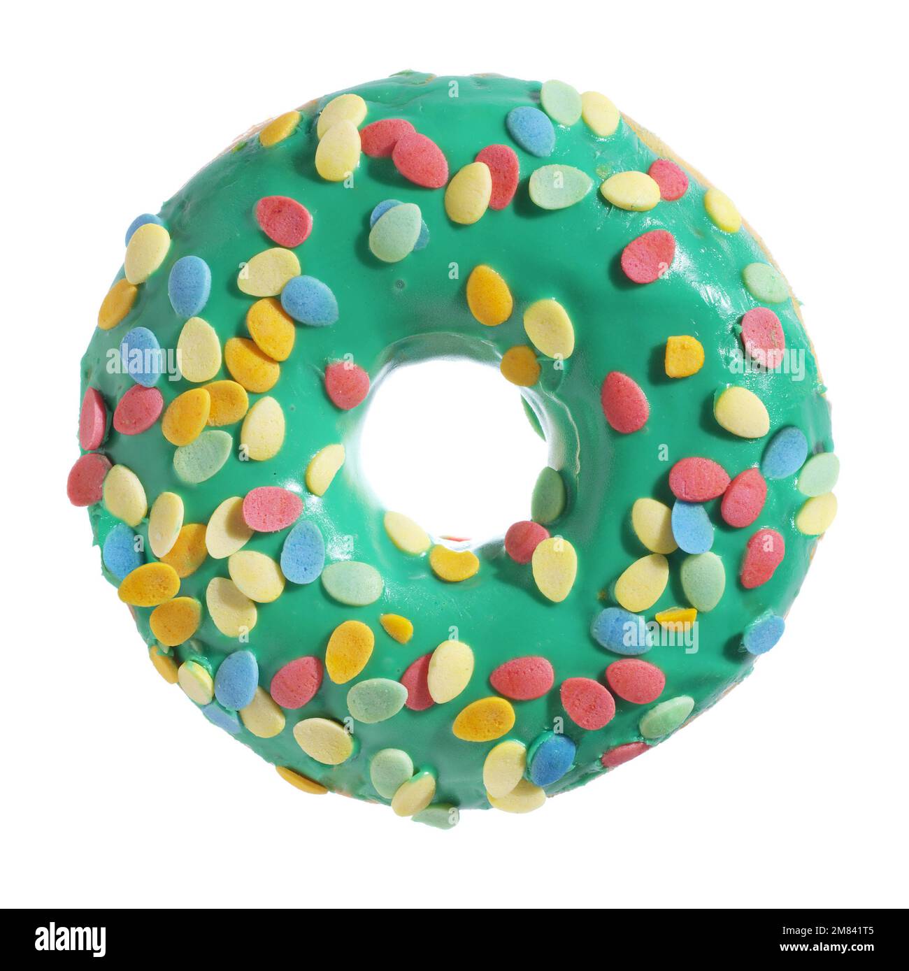 Green donut with icing and sprinkles isolated on white background, top ...